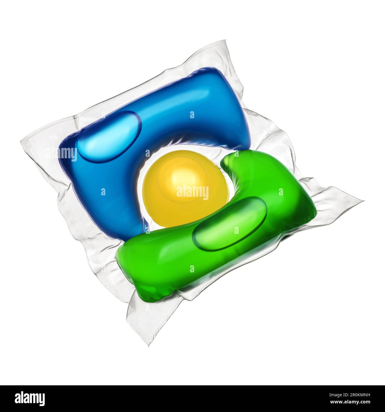 Laundry detergent pod blue, yellow and green colored isolated on white ...