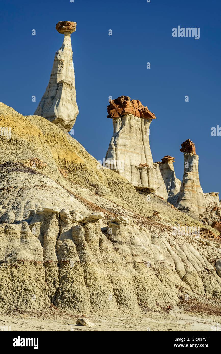 Rock towers with white sandstone, Bisti Badlands, De-Nah-Zin Wilderness ...