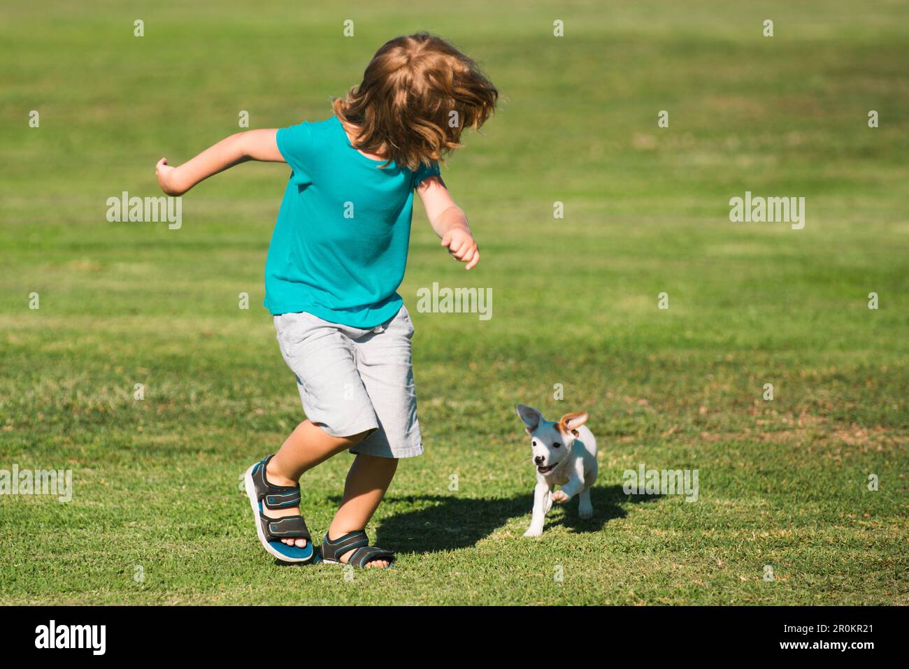 Happy child boy run with a dog outdoor Stock Photo - Alamy