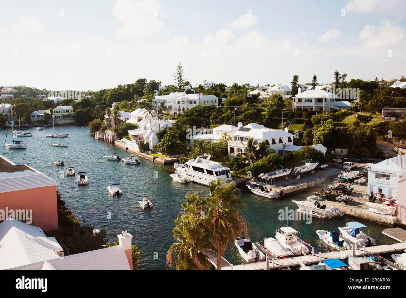 BERMUDA. Hamilton. View of Hamilton houses and boat dock from the Hamilton Princess & Beach Club ...