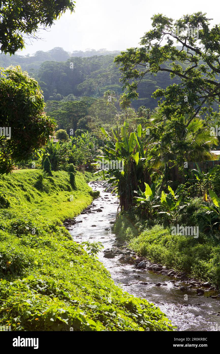 FRENCH POLYNESIA, Tahiti. View of mountains and a river in the village ...