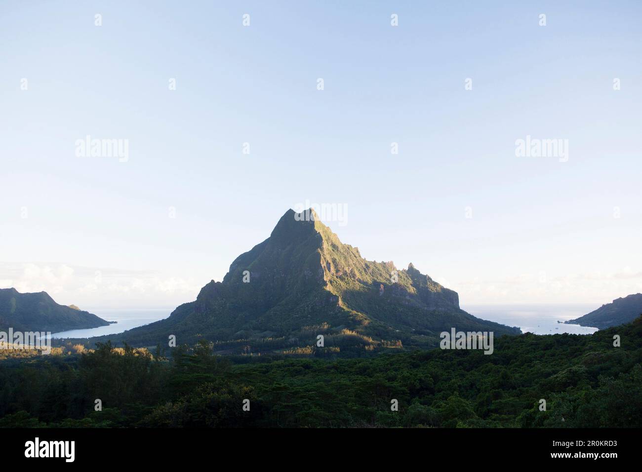 FRENCH POLYNESIA, Moorea. A view of Opunohu Bay on the left and Cooks ...