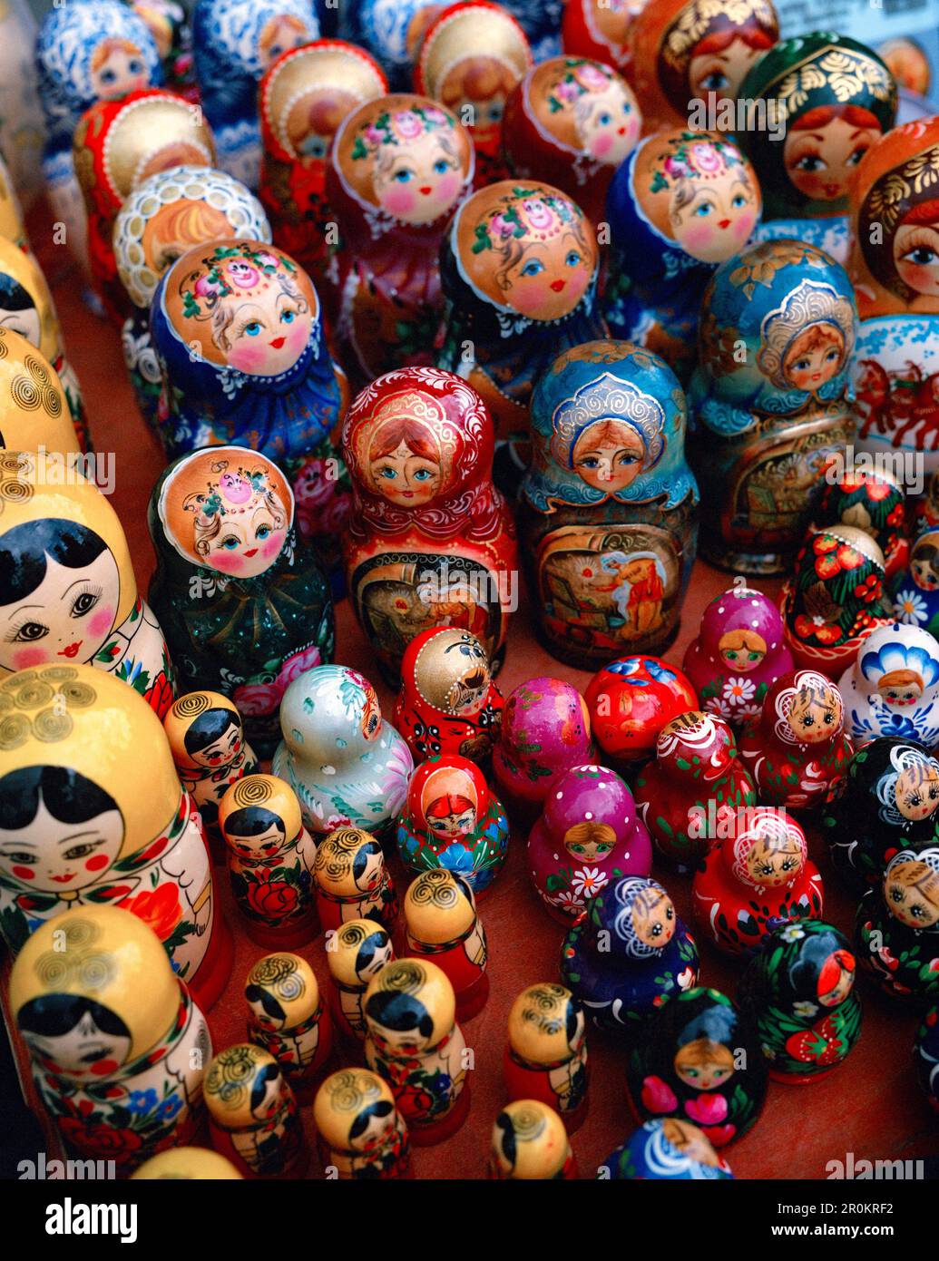 RUSSIA, Moscow, top view of Matryoshka dolls display in retail, close ...