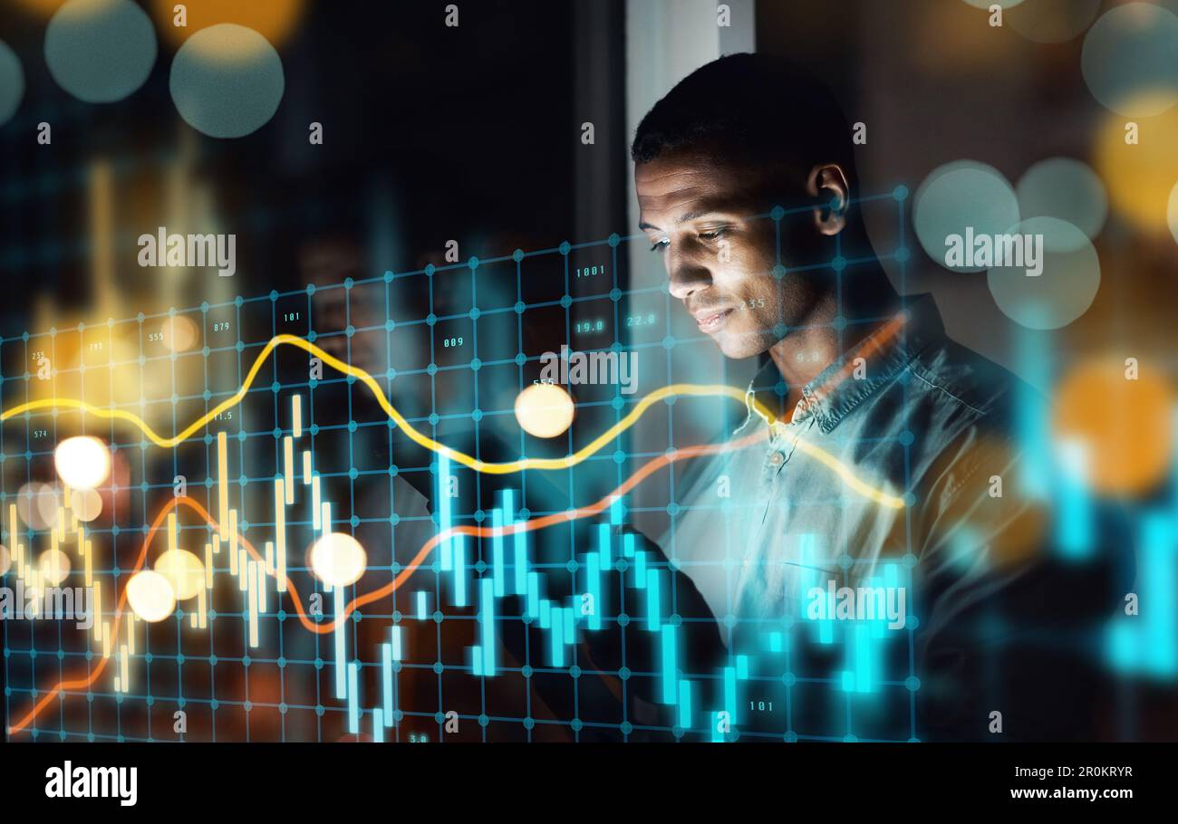 Businessman, tablet and dashboard at night of stock market, trading or ...