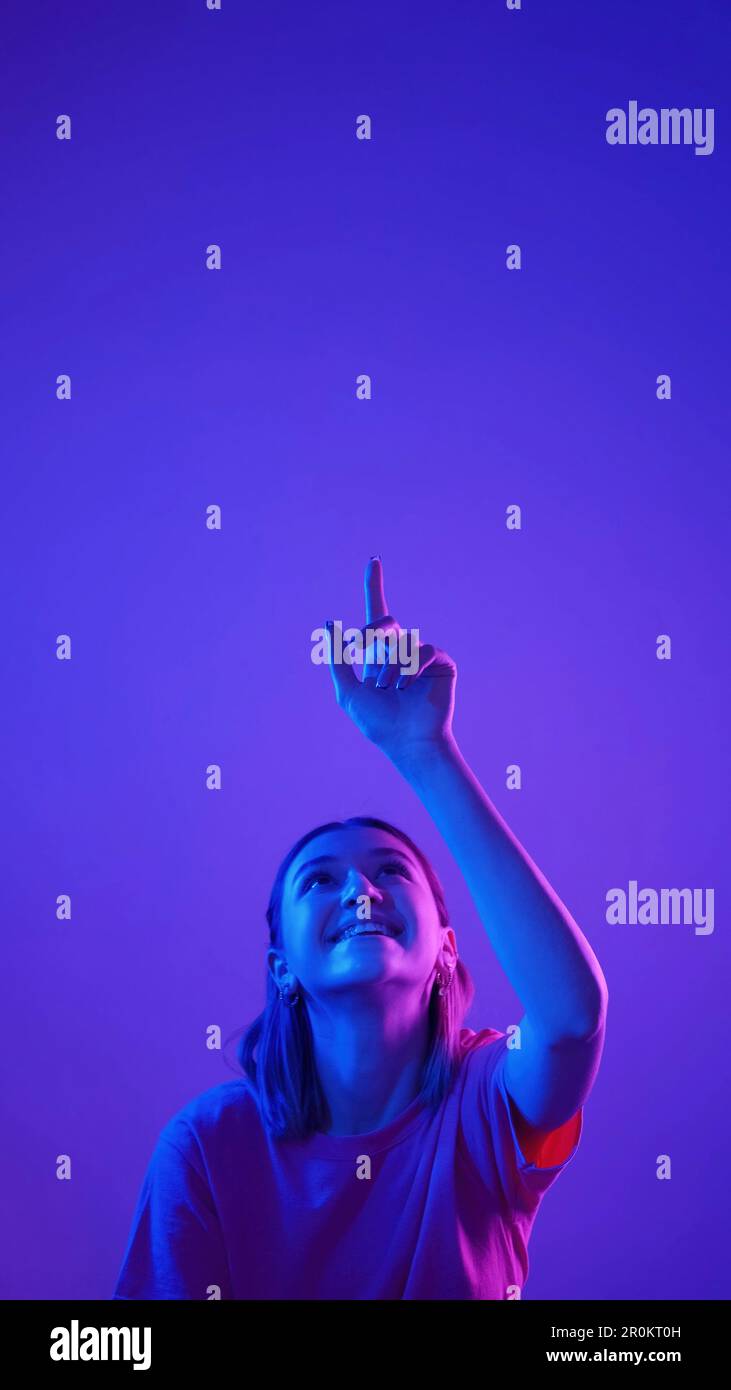 Innovate touch screen virtual click girl pointing Stock Photo - Alamy