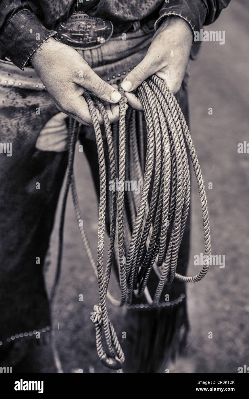 USA, Oregon, Joseph, portrait of cowboy Cody Ross in the canyon up Big ...