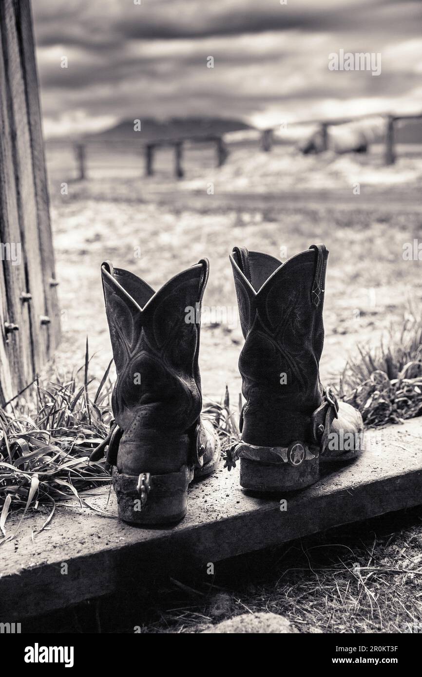 USA, Oregon, Enterprise, the boots and lasso of Cowboy Cody Ross at the ...