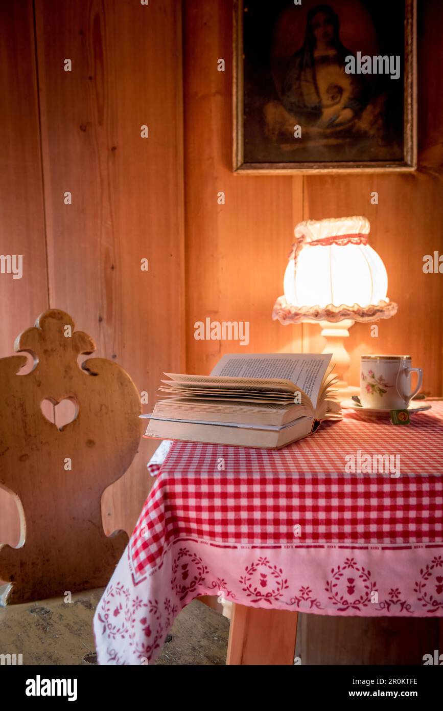 book, cup of tea, wooden room, traditional decoration, winterly ...