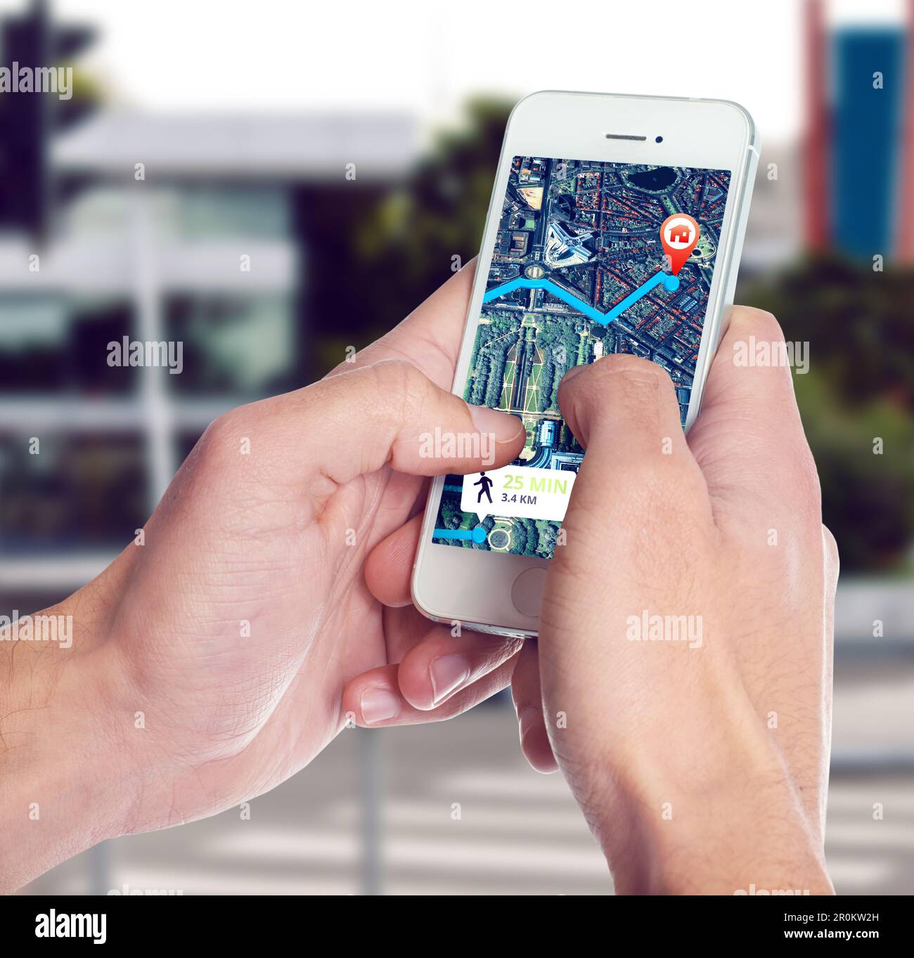 Smartphone screen, hands and location map for city, urban or road ...