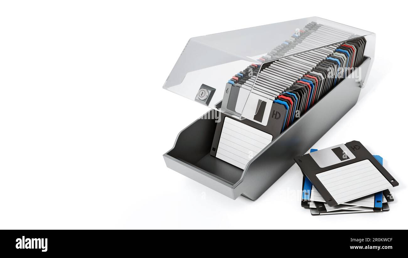 Vintage 3.5 inch disquettes aranged inside disquette box. 3D ...