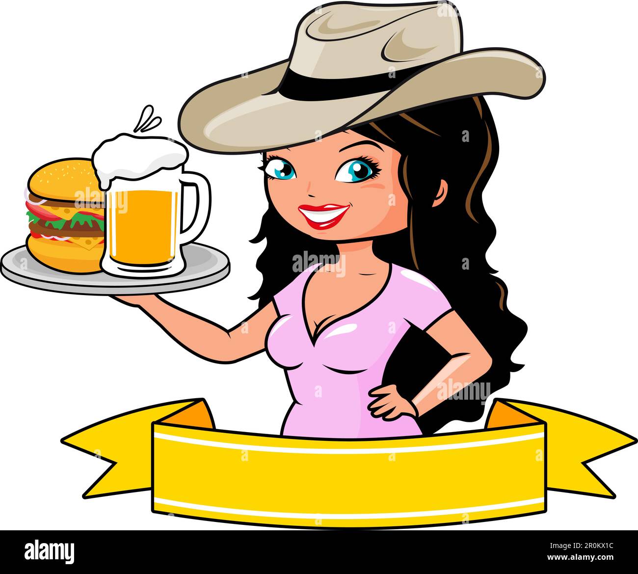 Banner with a cowgirl waitress serving a hamburger and cold beer ...