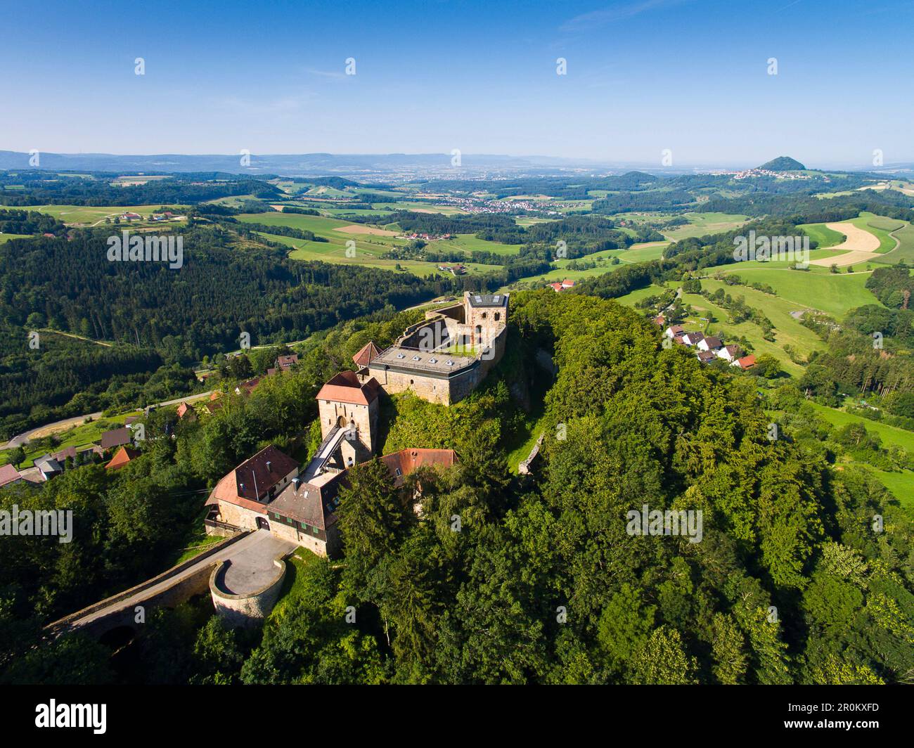 View over Hohenrechberg Castle to mountain Hohenstaufen, near ...
