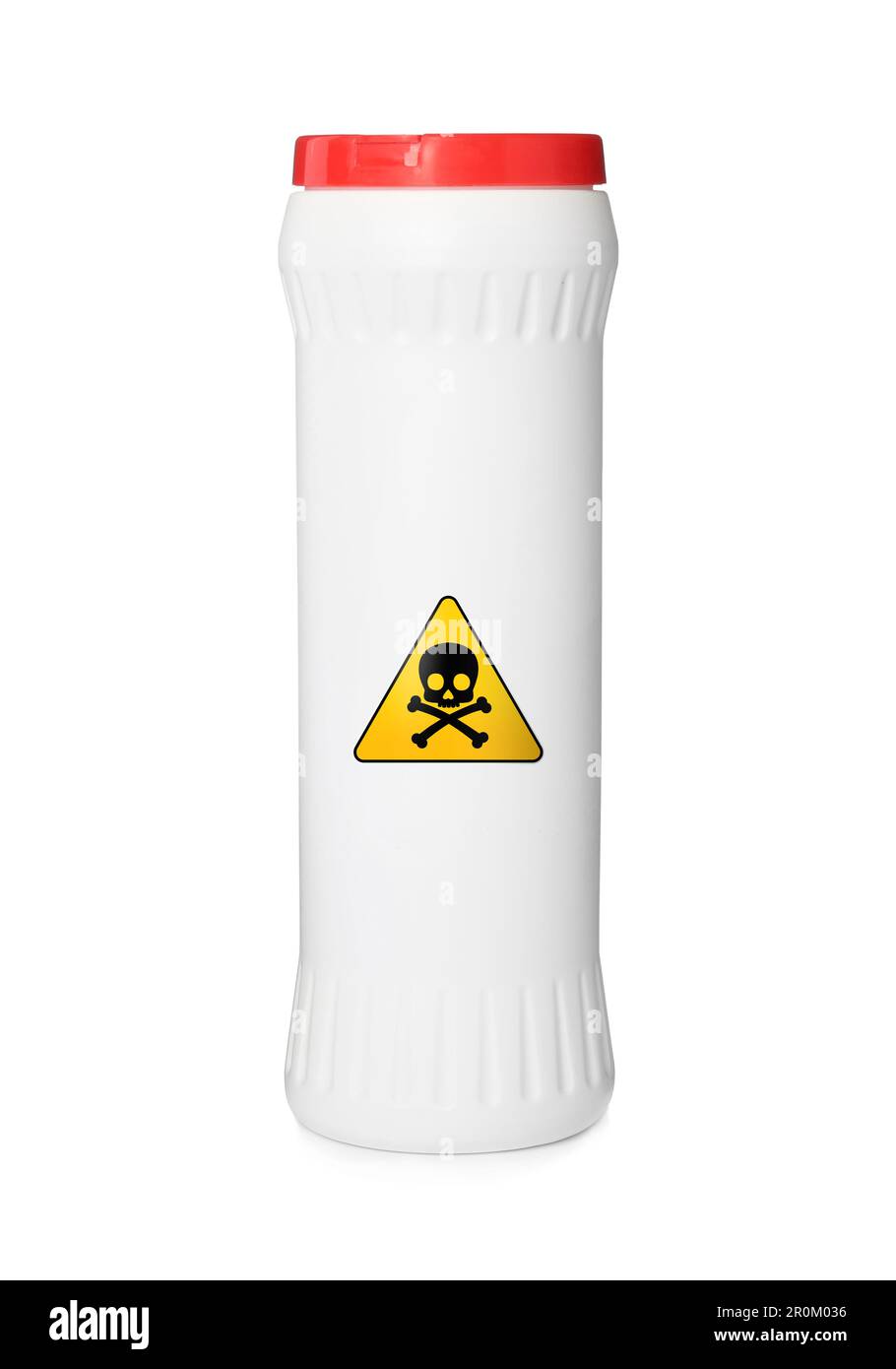 Bottle of toxic household chemical with warning sign on white ...