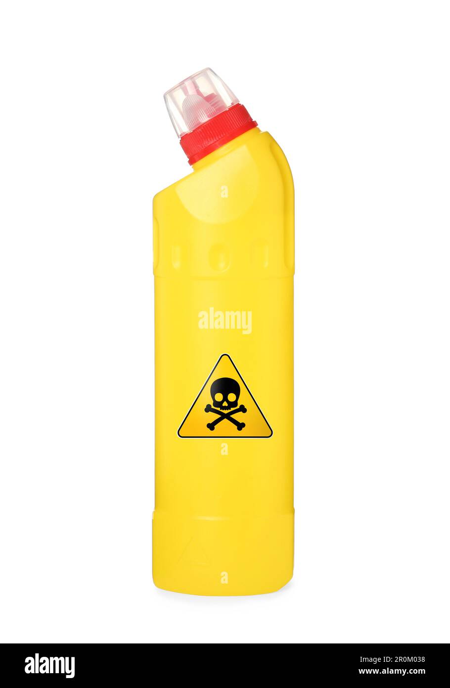 Bottle of toxic household chemical with warning sign on white ...