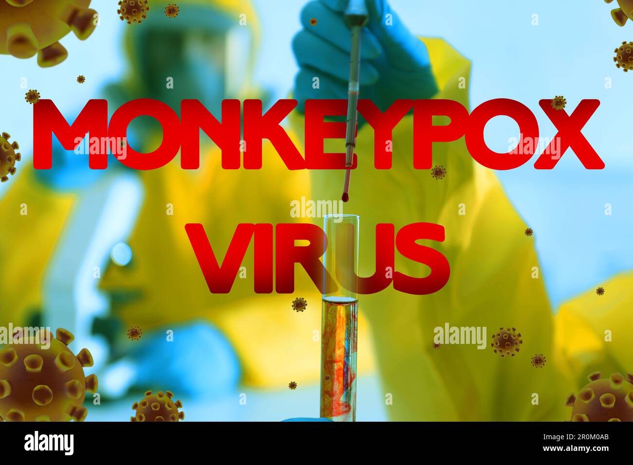 Scientist in chemical protective suit dripping blood into test tube in ...