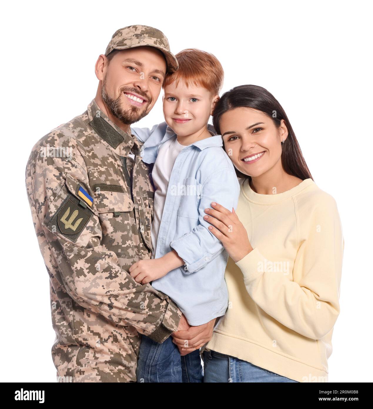 Ukrainian defender in military uniform and his family on white ...