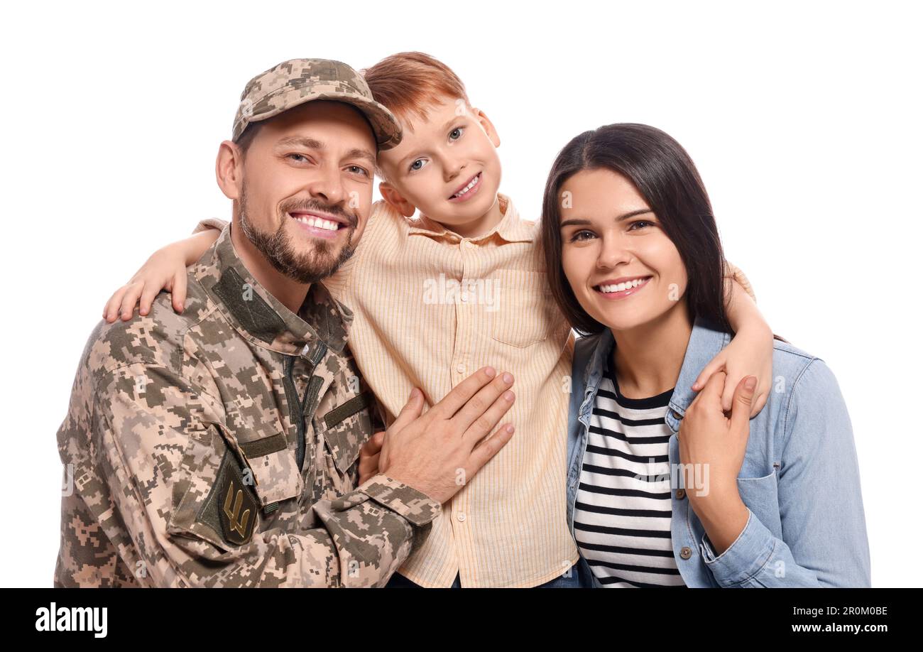 Ukrainian defender in military uniform with his family on white ...