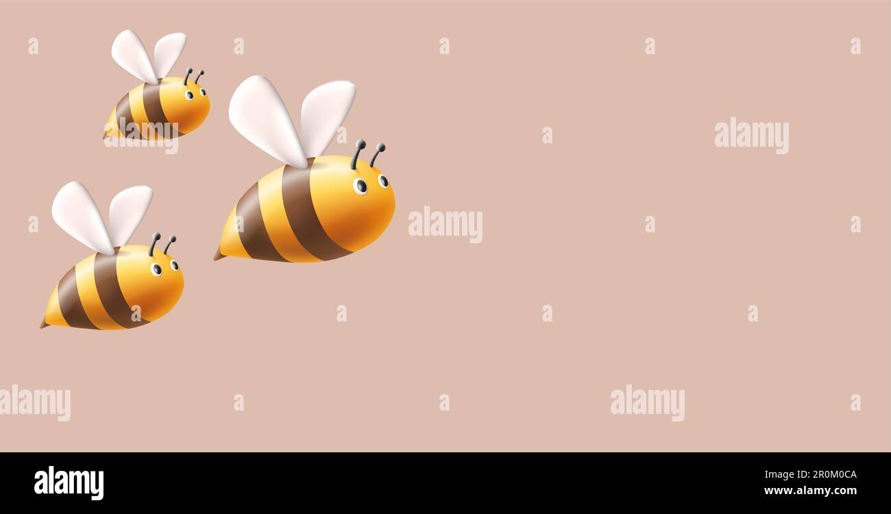 Flying bees, 3d render stylized illustration of insect with yellow ...