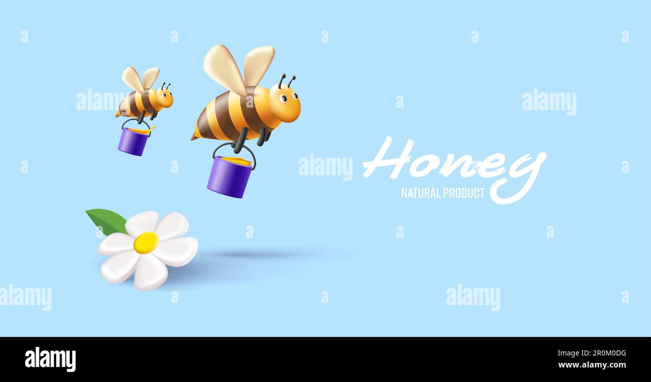 3d render illustration of bees flying with buckets of honey and flower ...