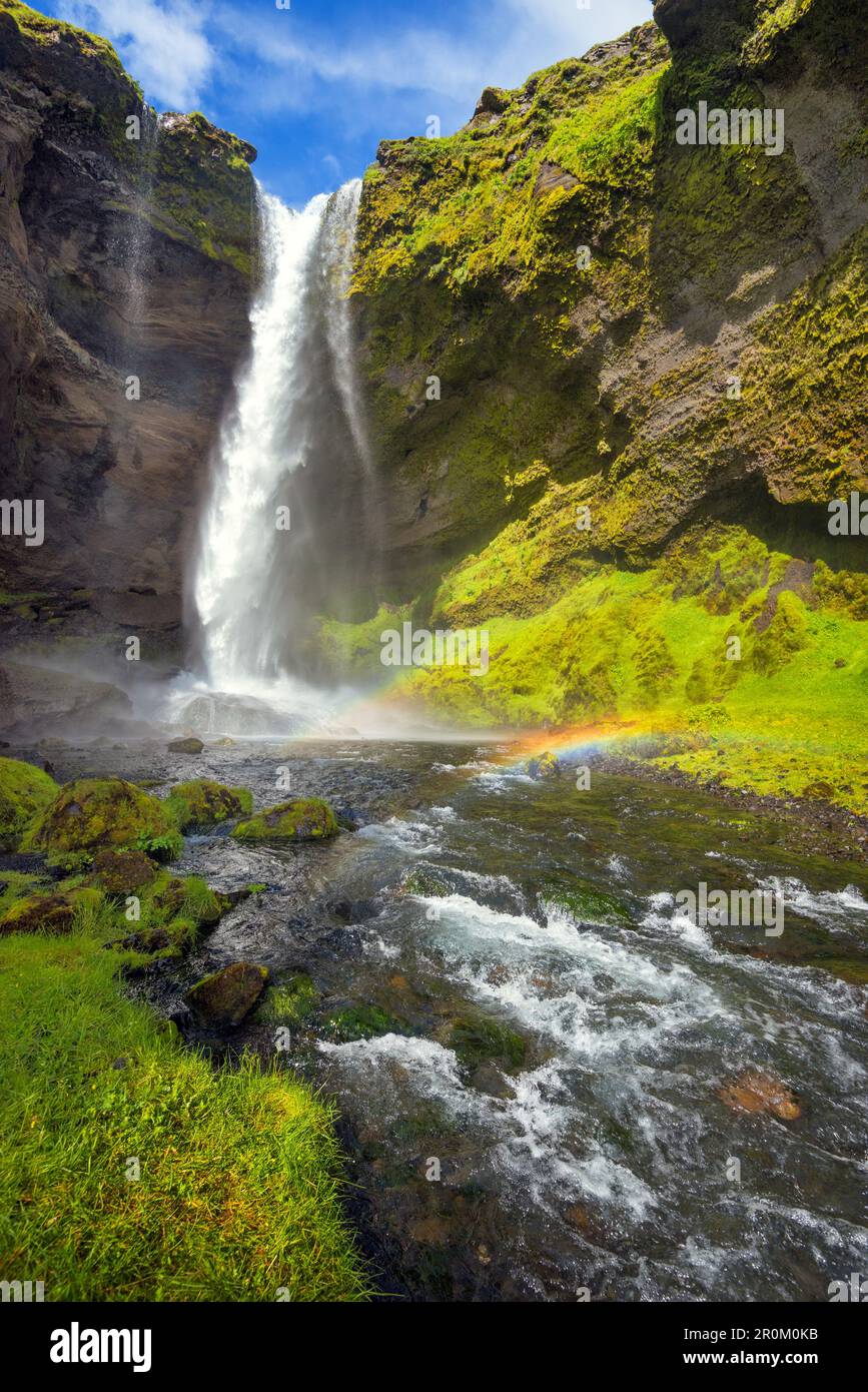 Kvernufoss waterfall in sunshine with rainbow: Iceland, Europe Stock ...