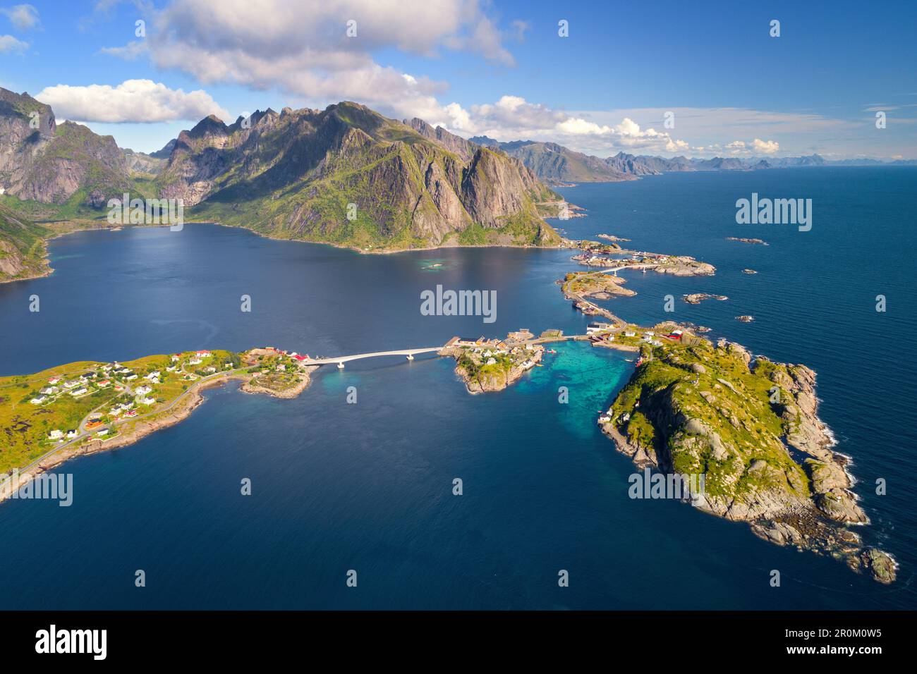 Aerial photograph of Moskenesoya, Reine and Olstinden islands in ...
