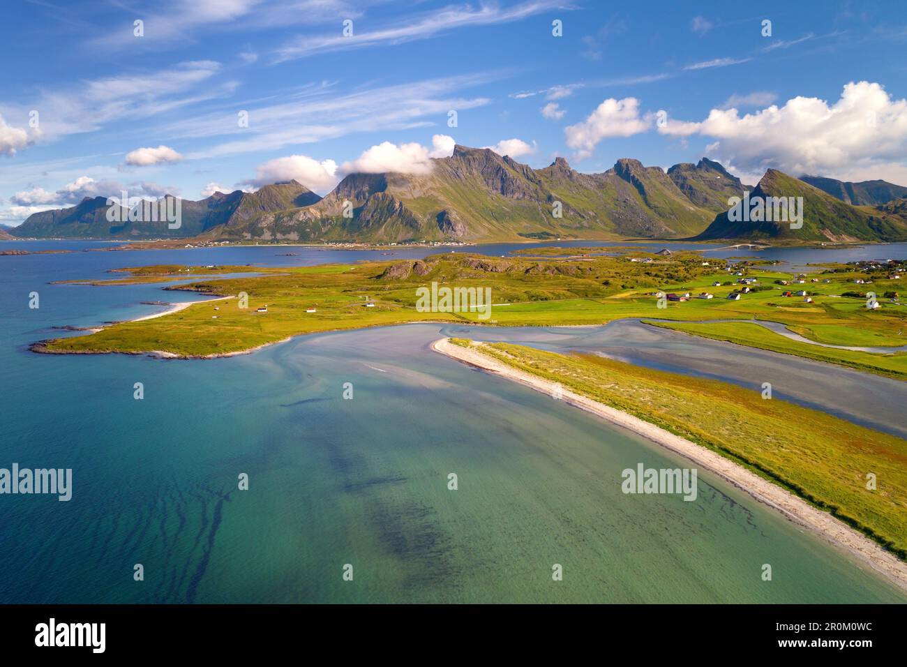 Aerial photograph of Moskenesoya island with Sandbotnen, Yttersand ...
