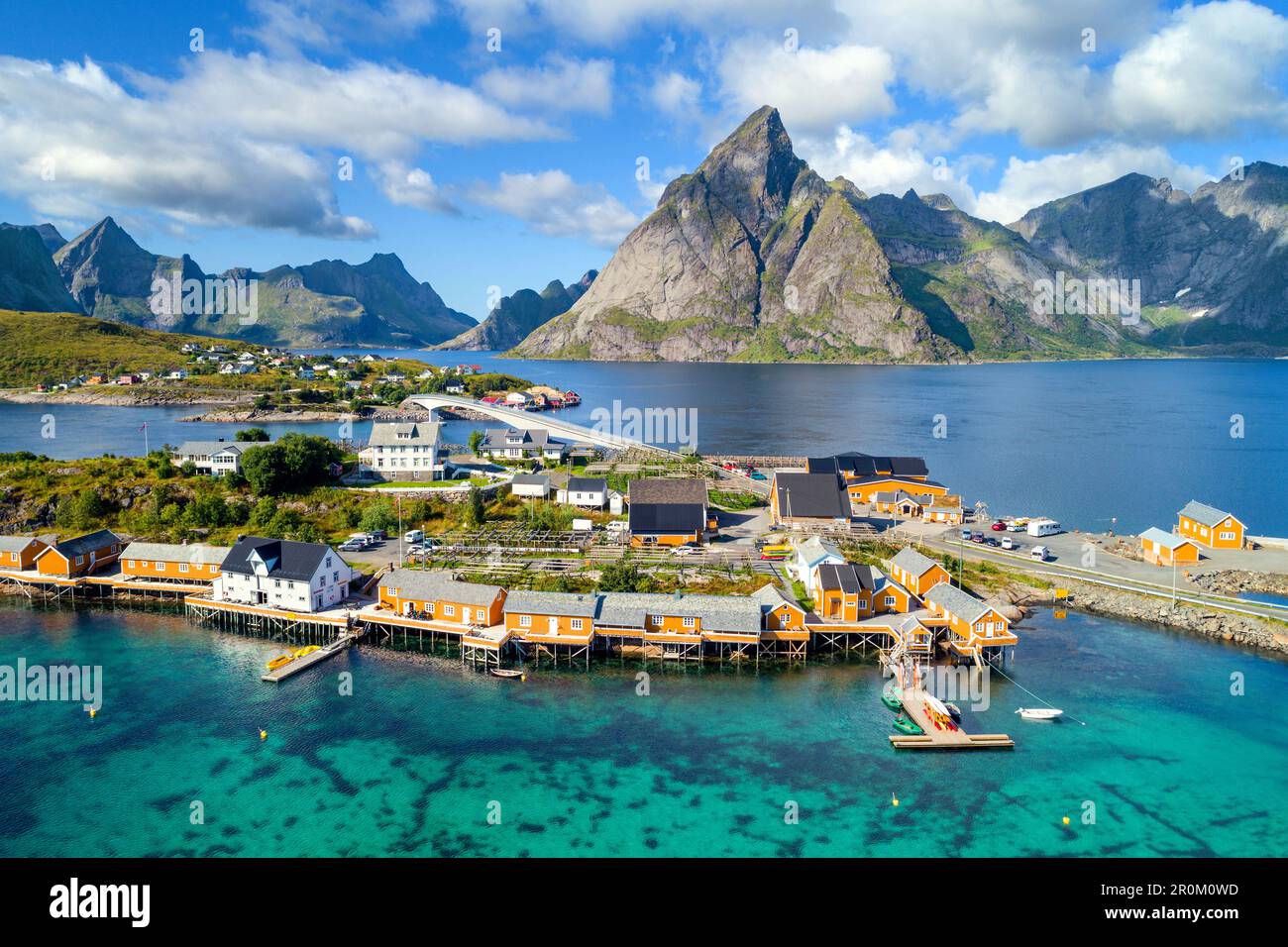 Aerial photograph of fishing village Sakrisoya on Moskenesoya island ...