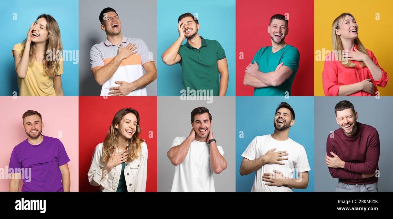 Collage with photos of people laughing on different color backgrounds ...