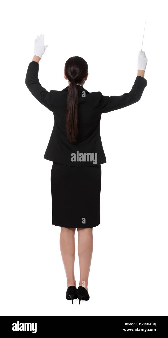 Professional conductor with baton on white background, back view Stock ...