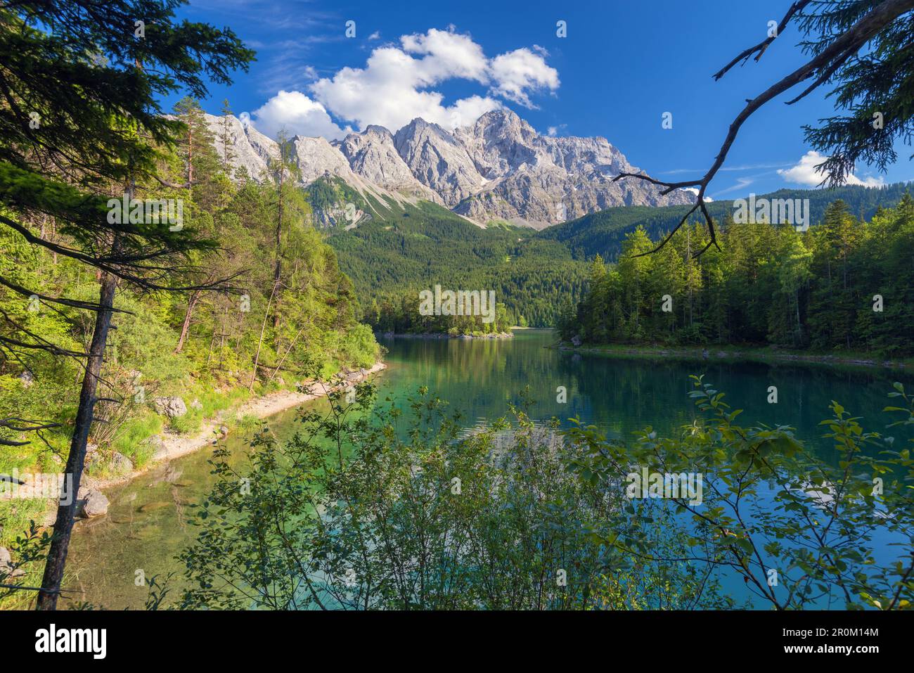 Lake Eib below a blue summer sky in the Zugspitze region, Garmisch ...