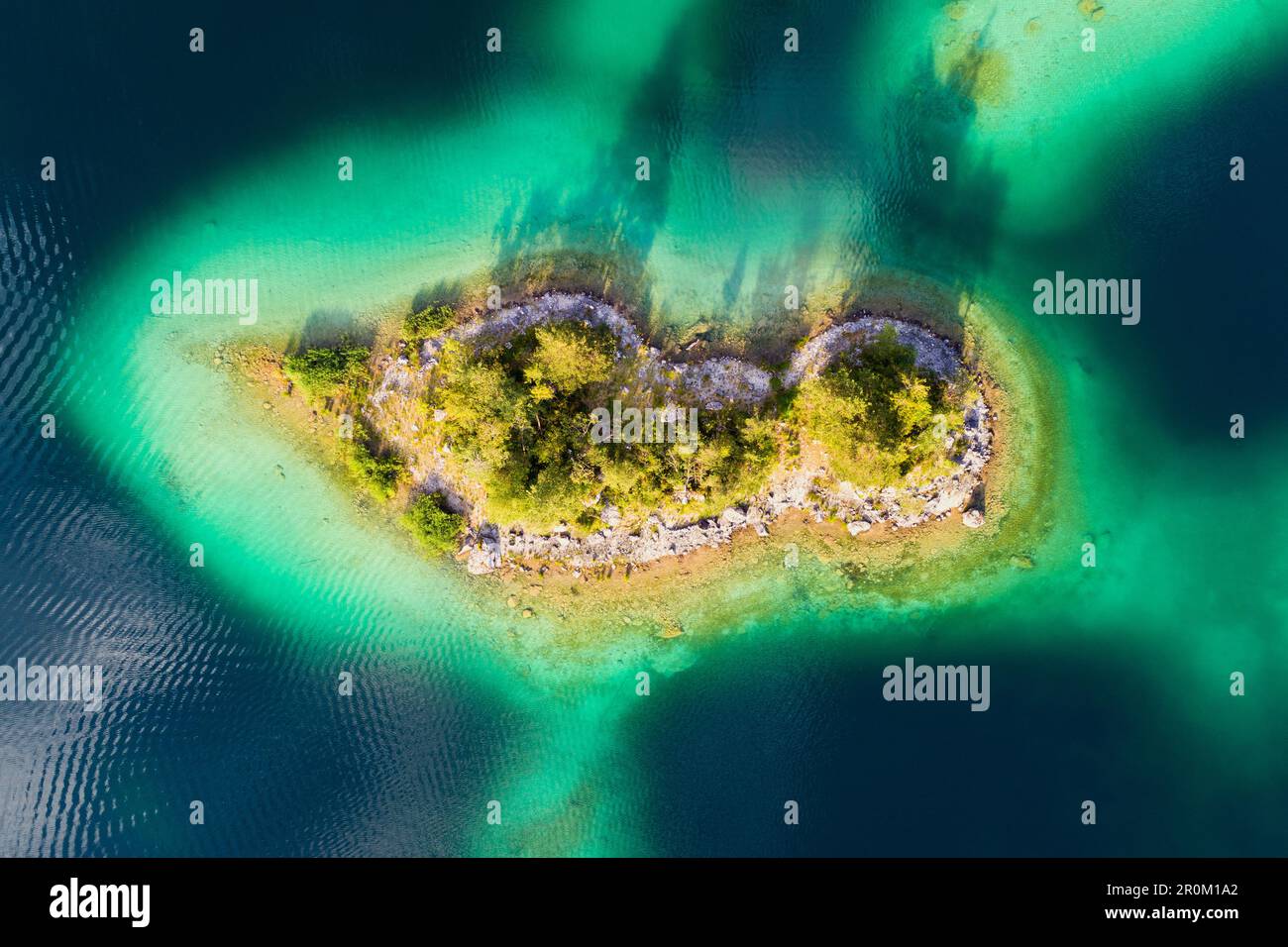 Aerial view of Ludwig island in Eibsee lake, Zugspitze region, Garmisch ...