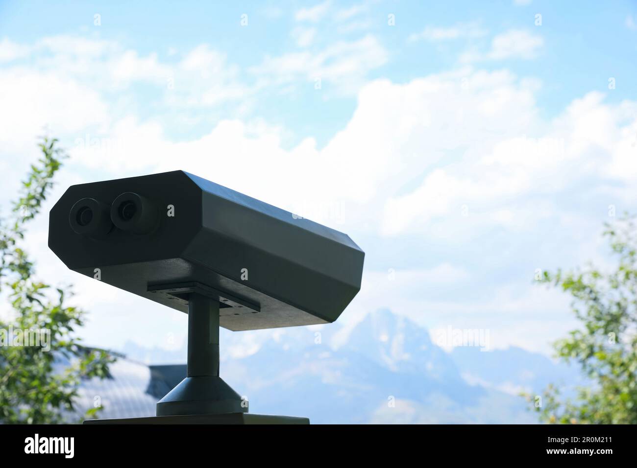 Metal tower viewer installed outdoors, closeup. Space for text Stock ...