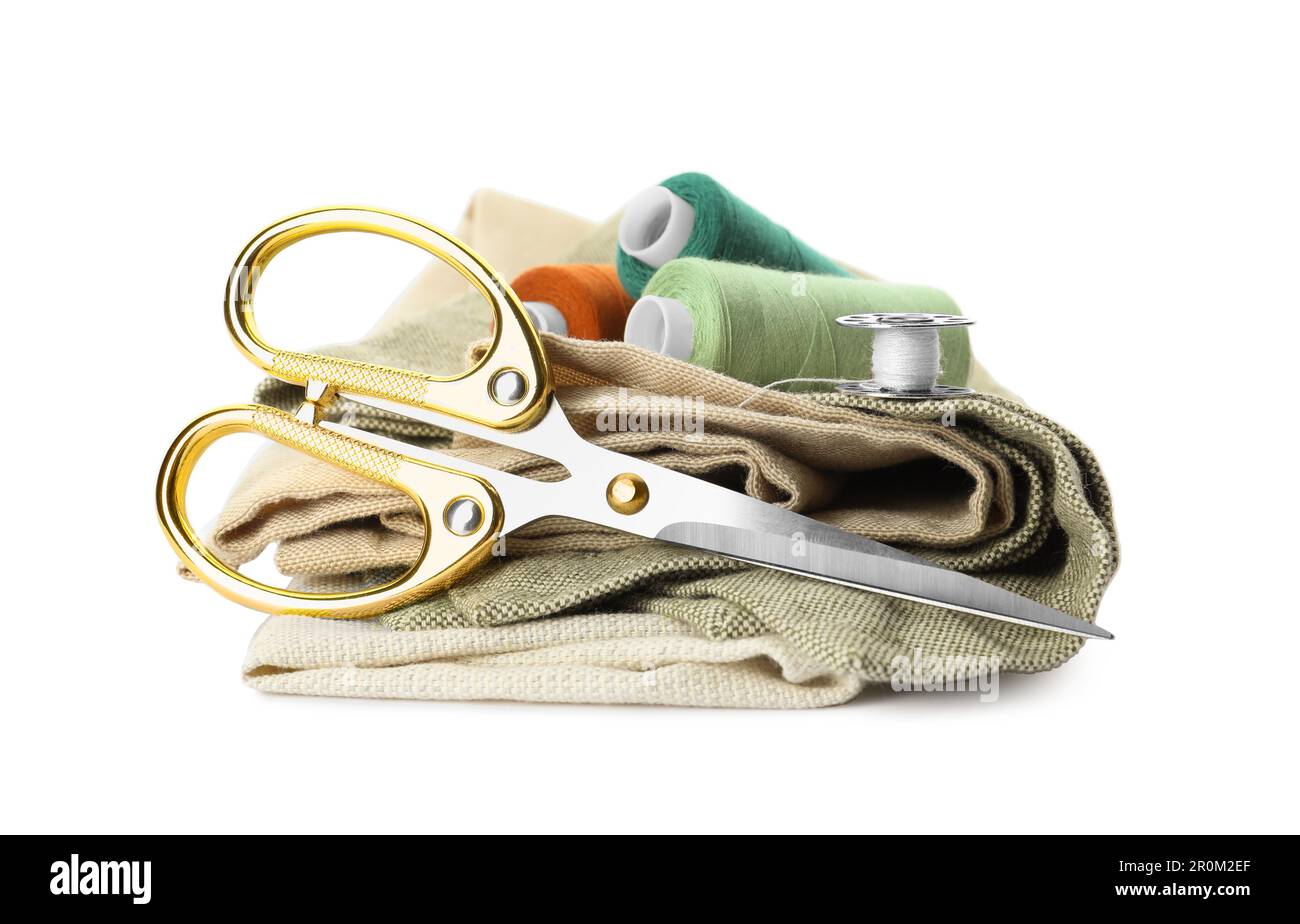 Scissors, spools of threads and sewing tools on white background Stock ...