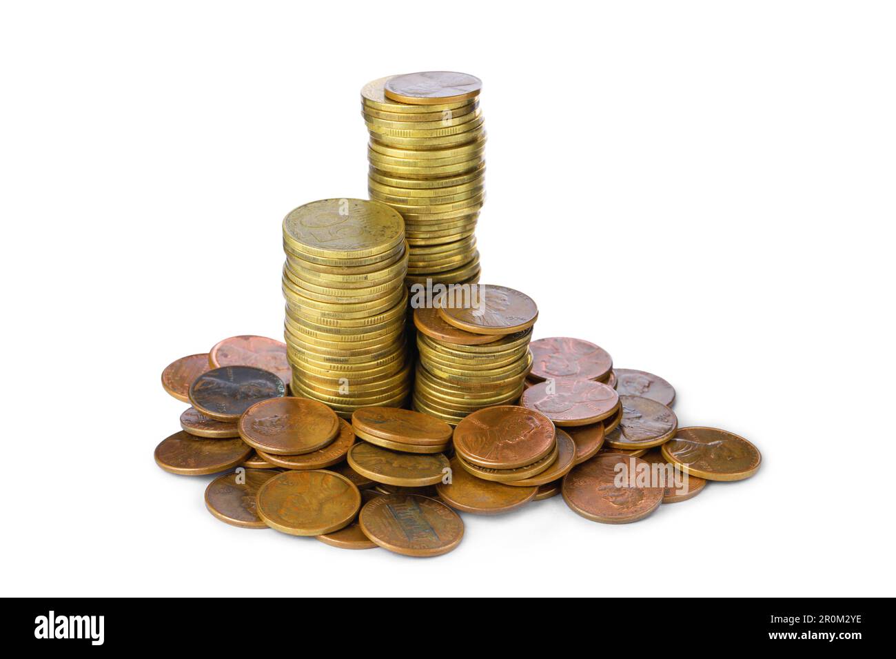 Stacks of different coins on white background Stock Photo - Alamy
