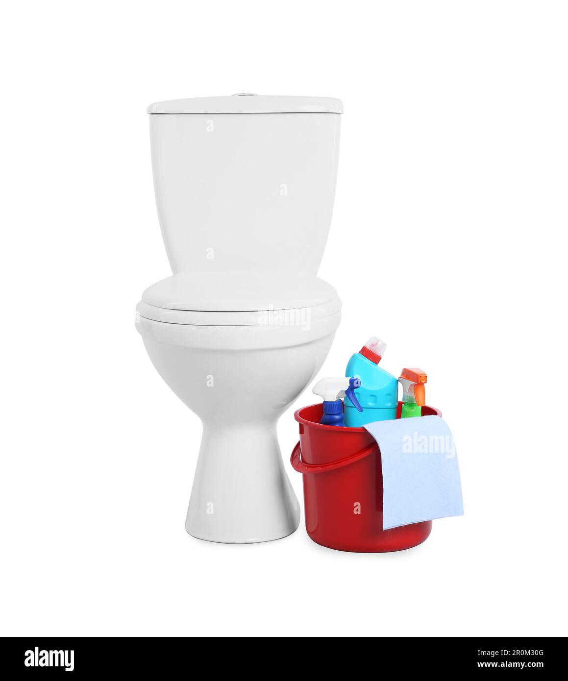 Toilet bowl and bucket with cleaning supplies on white background Stock ...