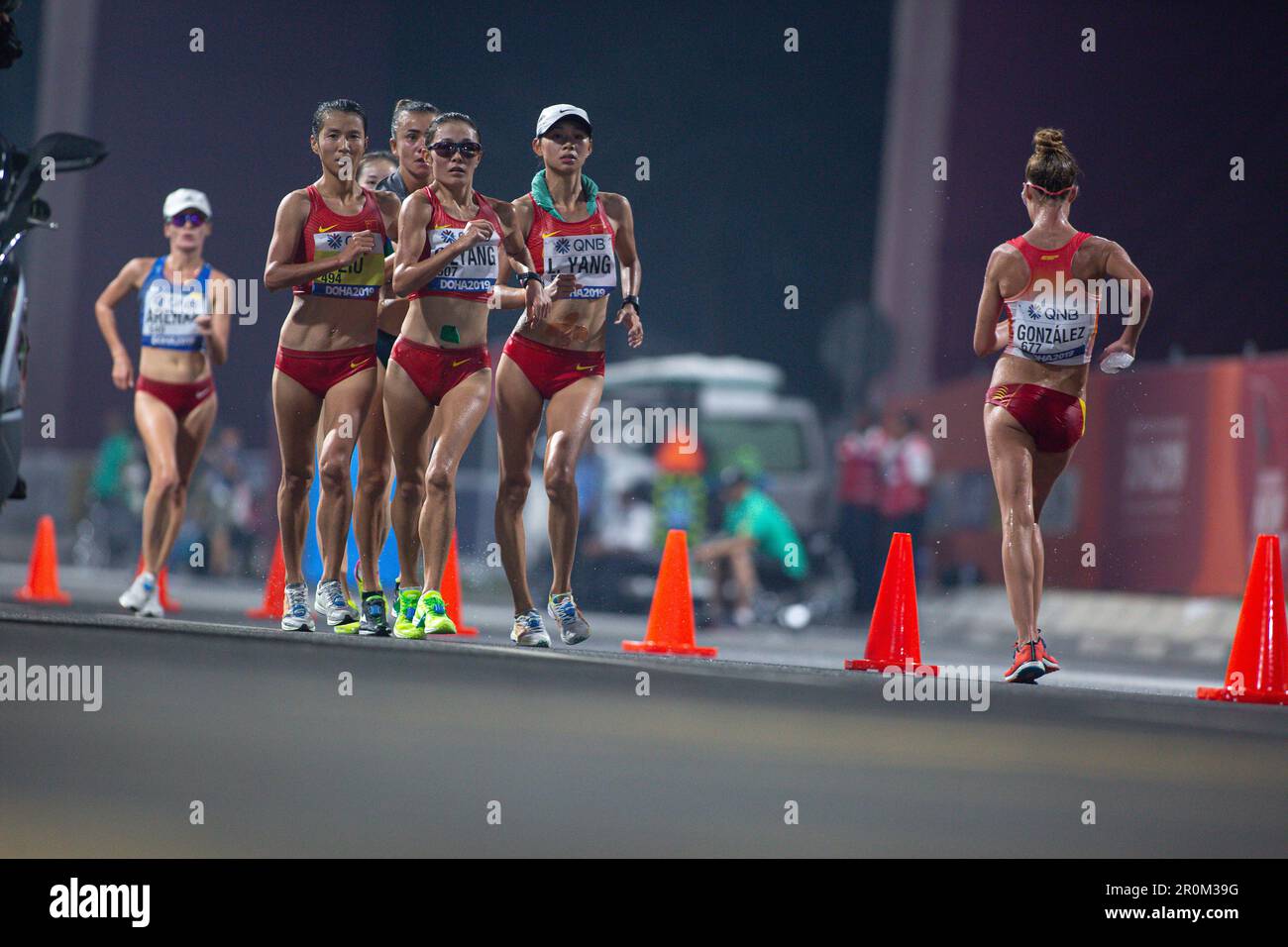Marchers running the 20km race walk at the 2019 World Championships in ...