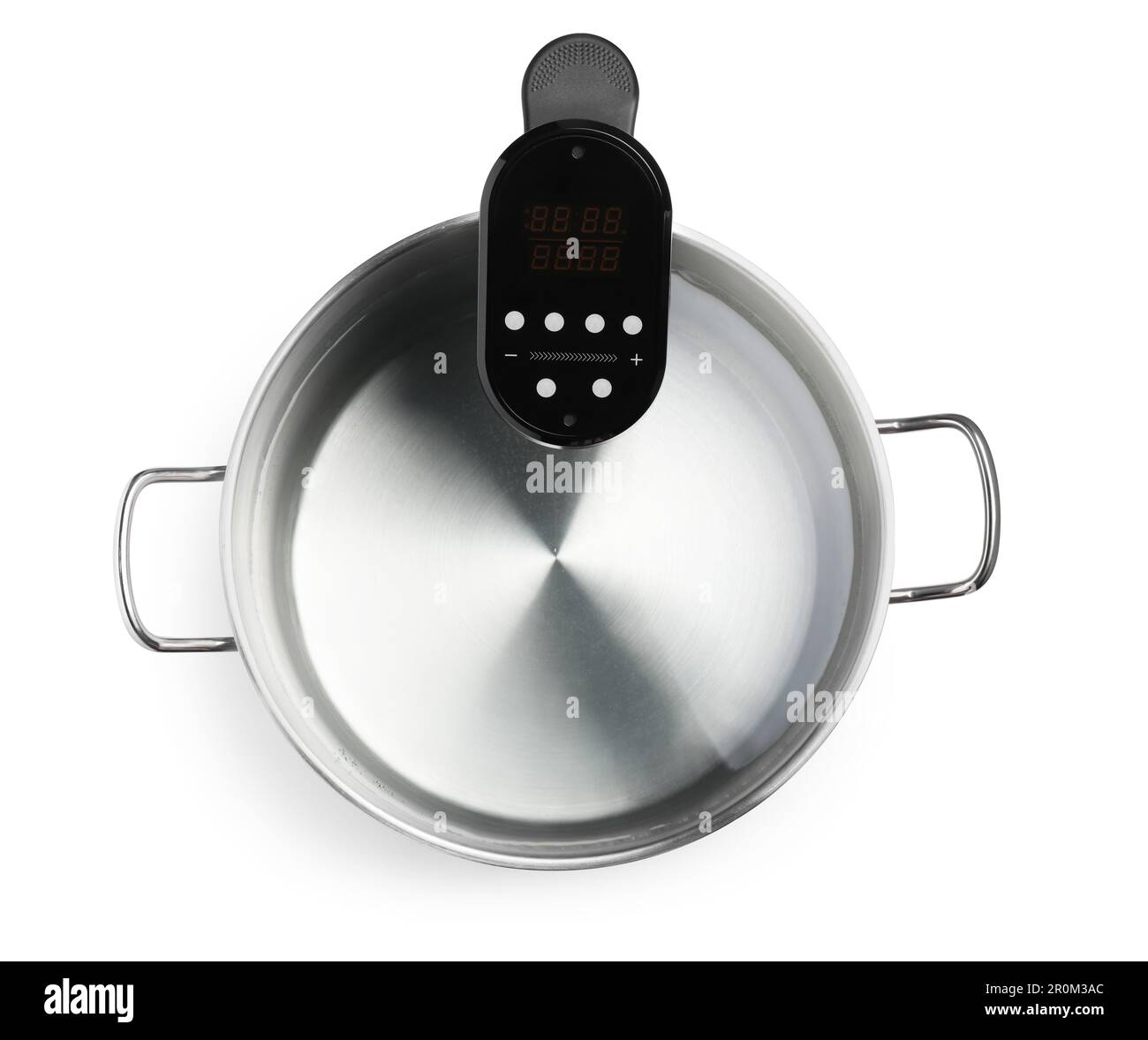 Thermal immersion circulator in pot isolated on white, top view. Sous ...
