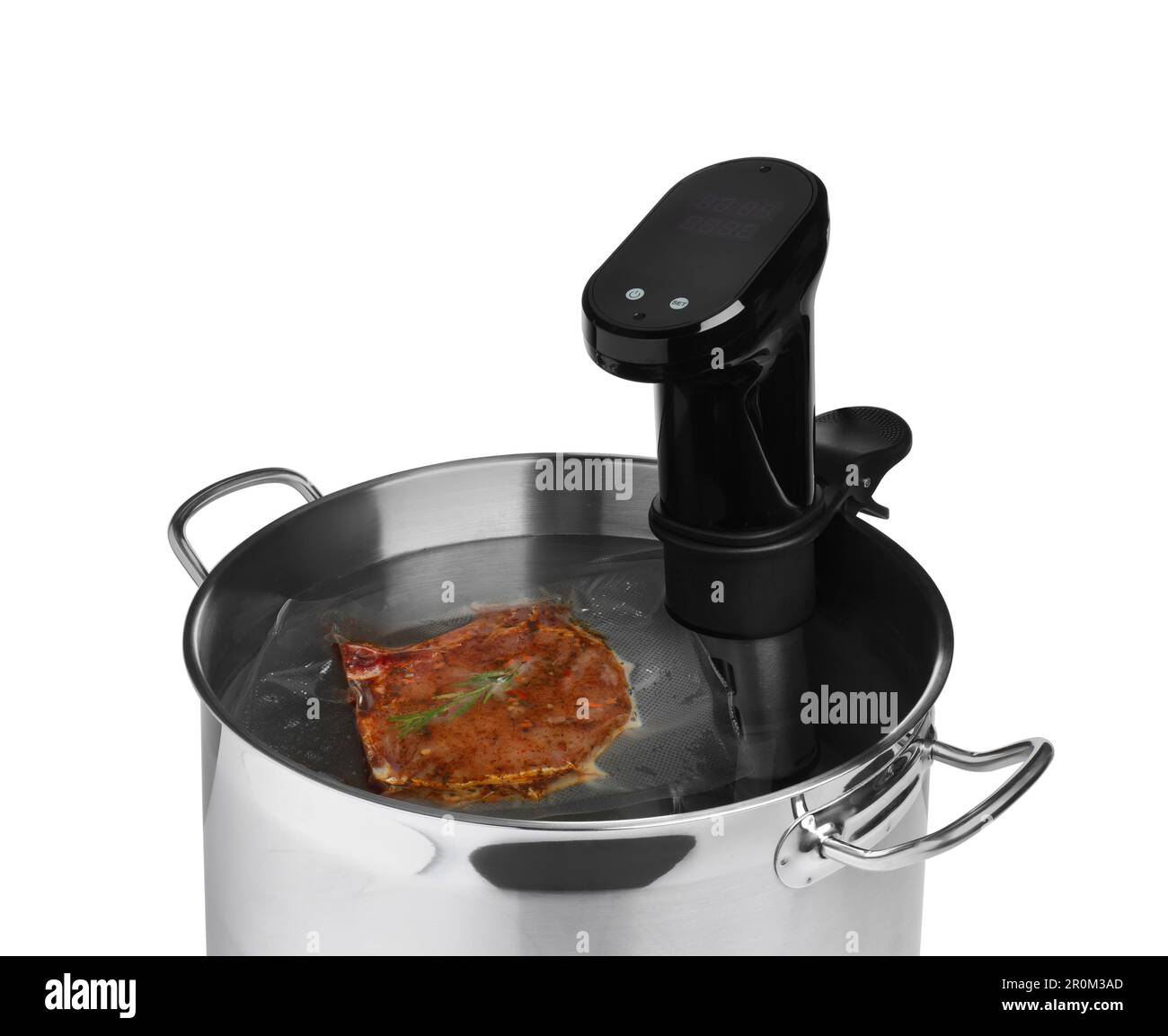 Thermal immersion circulator and meat in pot on white background ...