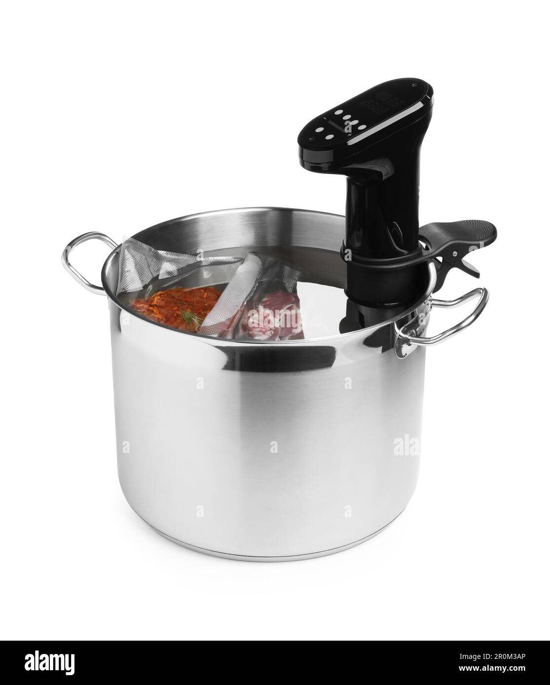 Thermal immersion circulator and meat in pot on white background ...