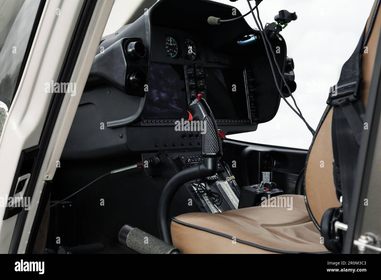 Helicopter cockpit with new modern functional panel and leather seat ...