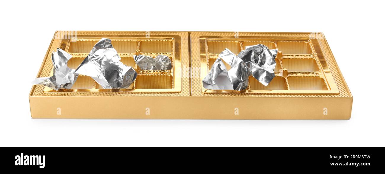 Empty box of chocolate candies with foil isolated on white Stock Photo ...