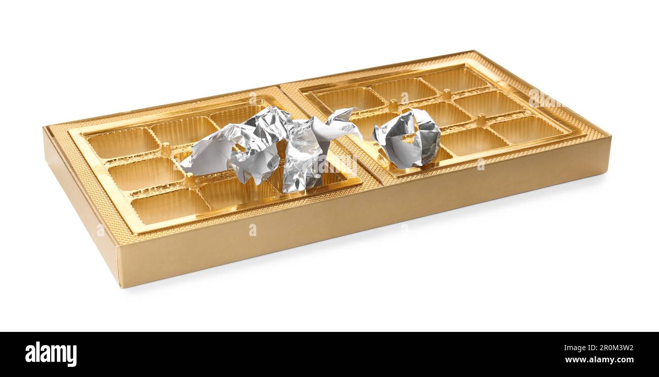 Empty box of chocolate candies with foil isolated on white Stock Photo ...