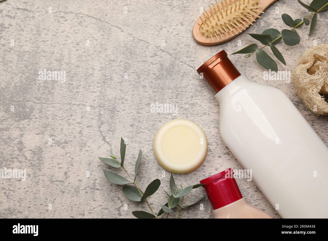 Shampoo bottles, solid shampoo bar, hair brush, loofah and green leaves ...