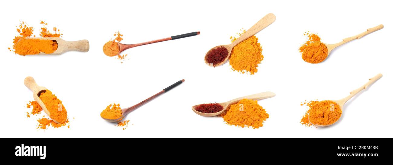 Set with saffron powder on white background. Banner design Stock Photo ...