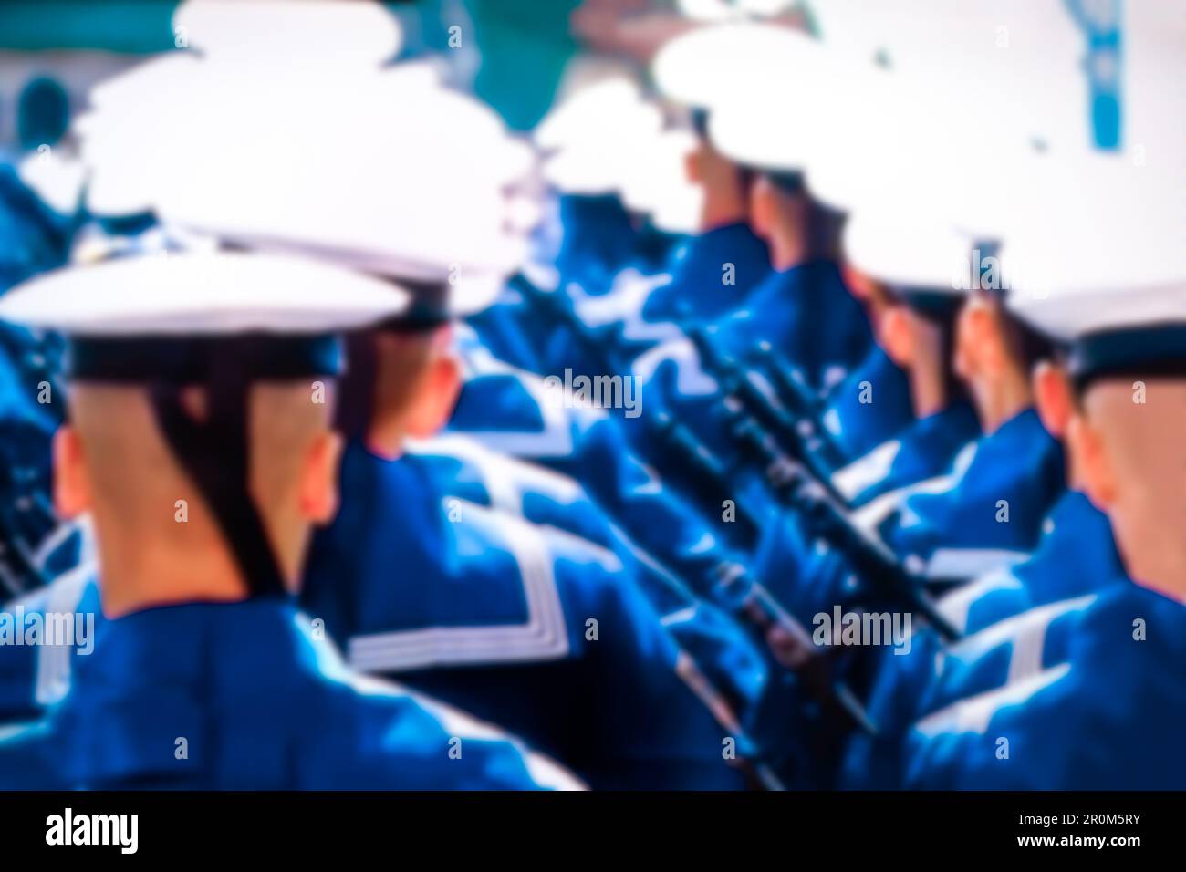 sailors in white peakless caps march in formation at the Victory Parade ...