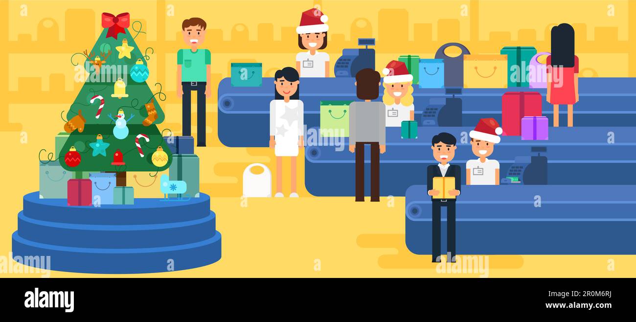 Merry Christmas And New Year In Shop. Store with customers crowd and ...