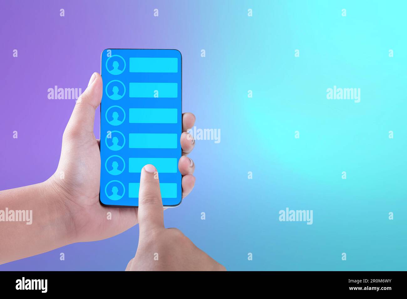 Human hands use mobile phones with friend contact icons on the screen ...