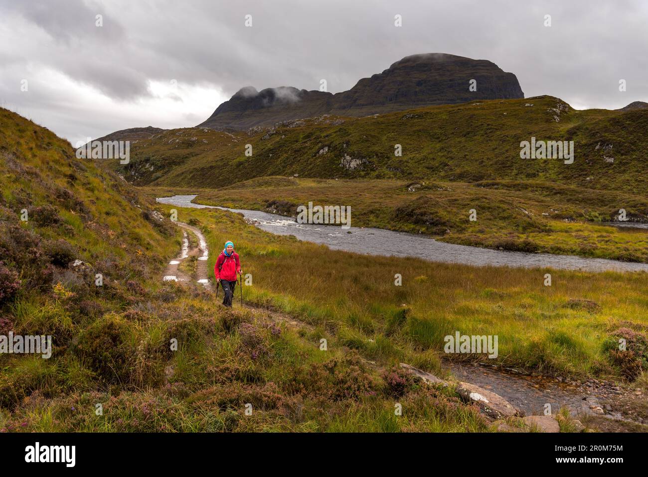 A walker on the way to Suilven, Inverpolly Nature Reserve, Highlands ...