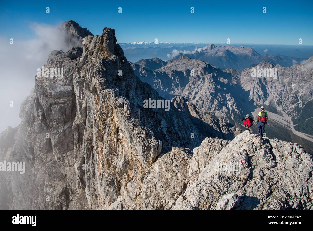 Climber at Watzmanngrat, view to the southern tip of Watzmann ...