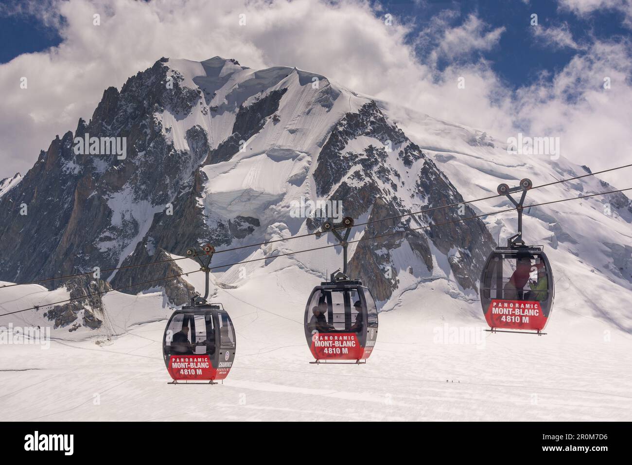 Three gondolas of the Panoramic Mont-Blanc cable car, Vallee Blanche ...